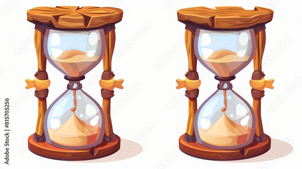 This vintage sandclock with wood circles, a transparent glass, sticks ...