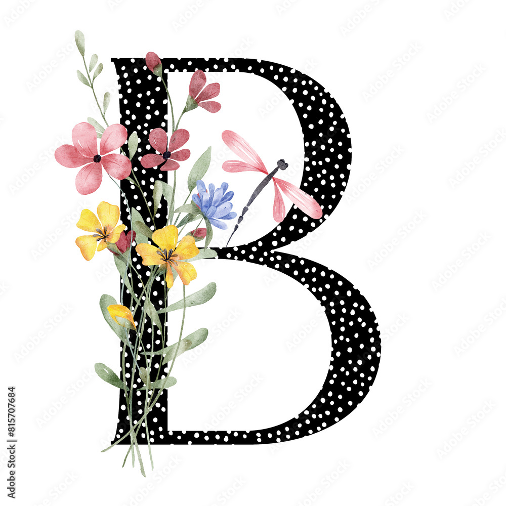 Letter B, floral monogram with watercolor wild flowers and leaf ...