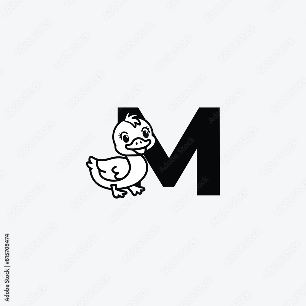Initial Letter M with Duck Logo Design. Duck is sporting a happy smile ...