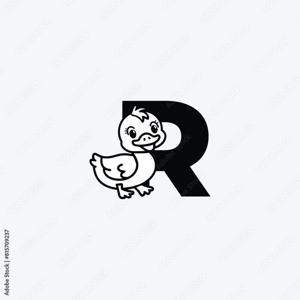 Initial Letter R with Duck Logo Design. Duck is sporting a happy smile ...