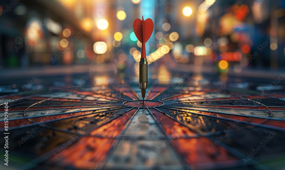 Foto de Close-up of a sleek, sharp dart piercing the center of a target ...