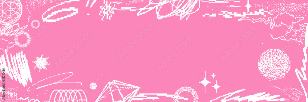 Pink banner with border frame with pixel shape graphic. Abstract ...