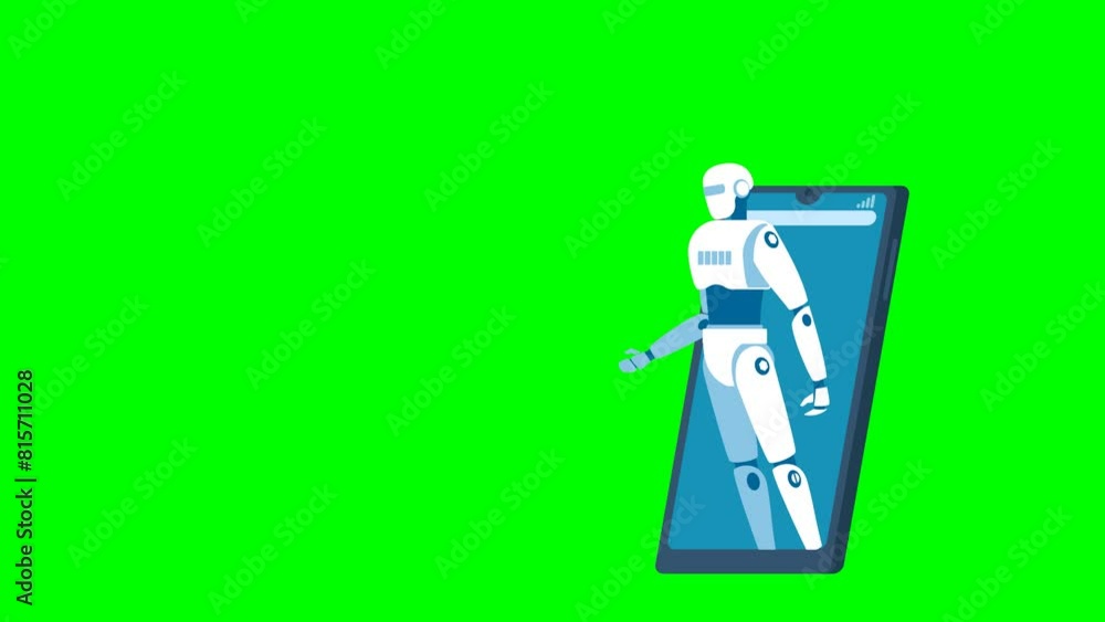 Cyborg robot appears from the bottom of a mobile phone screen. White ...