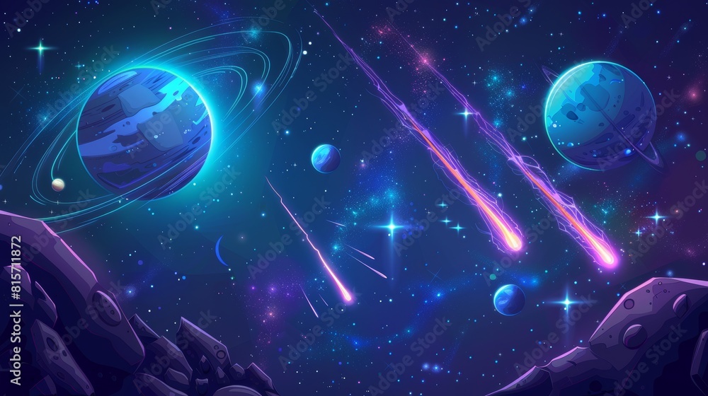 Cartoon illustration of a beautiful cosmic galaxy with comets flying ...