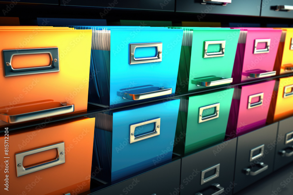 Stack or cabinet of document files in the office, business, finance, or ...