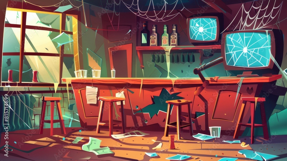 An abandoned bar counter interior shows a damaged and closed rack with ...