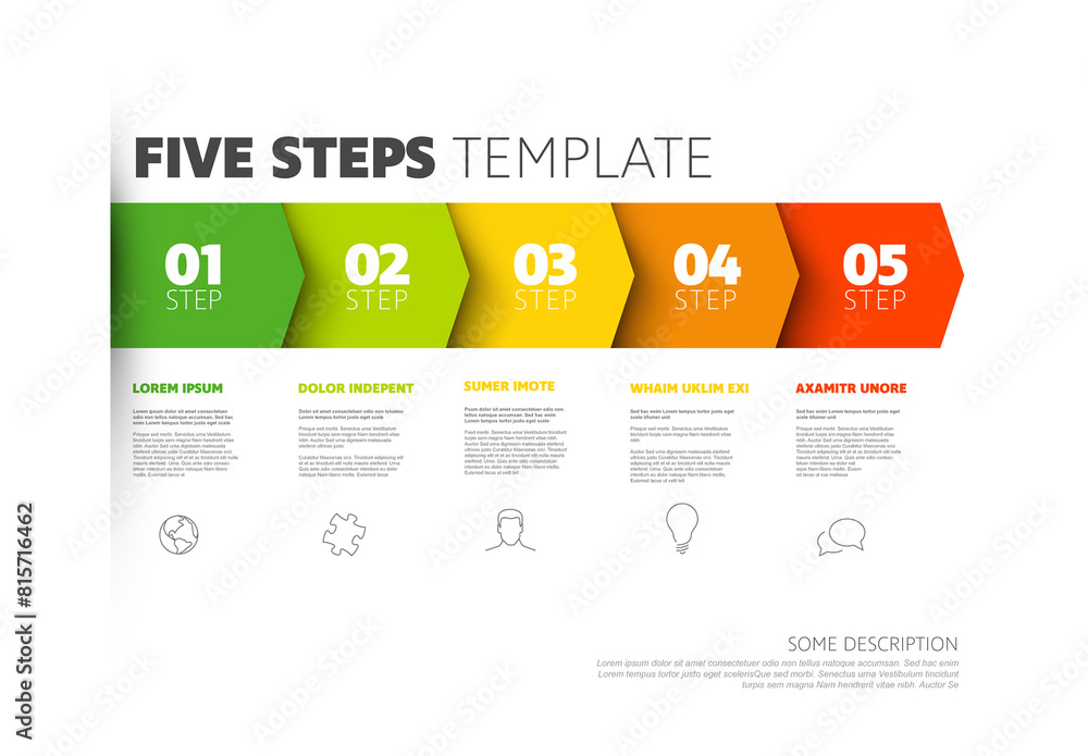 Five green to red progress block steps template with descriptions and ...