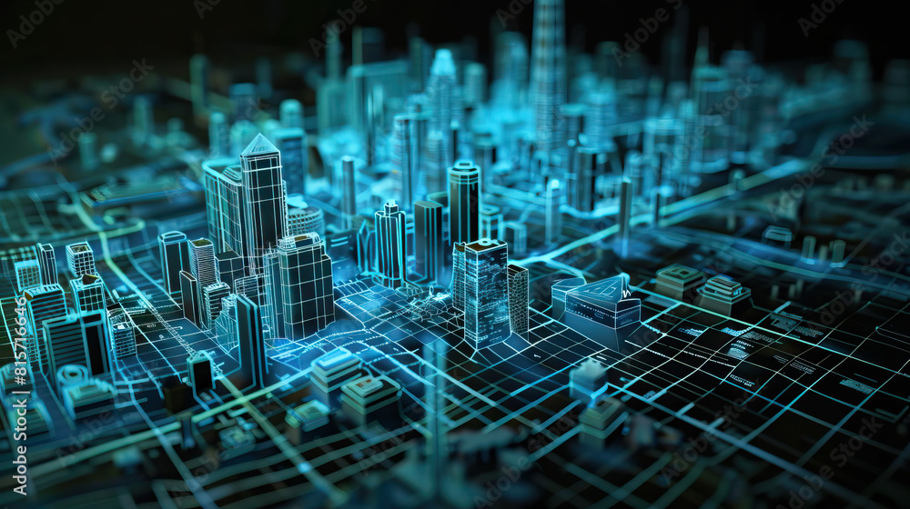 Technical visual illustration, mountain 3D LiDAR GIS aerial map urban ...