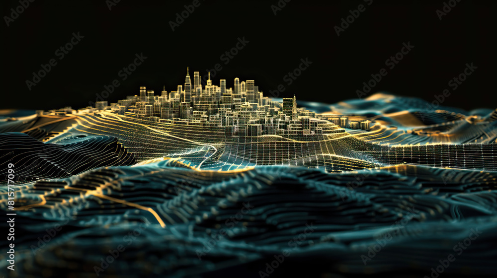 Technical visual illustration, mountain 3D LiDAR GIS aerial map urban ...