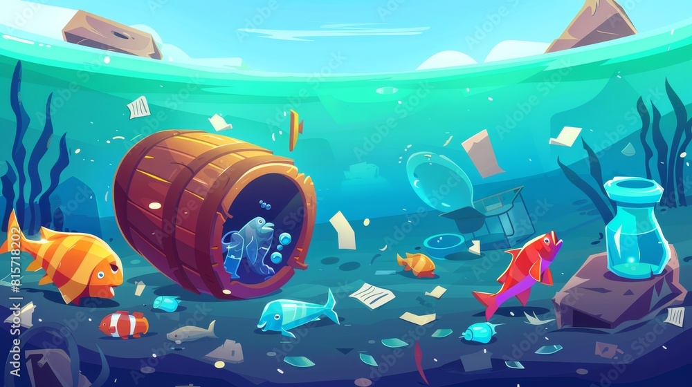 Modern cartoon illustration of a garbage-covered sea bottom. Fish ...