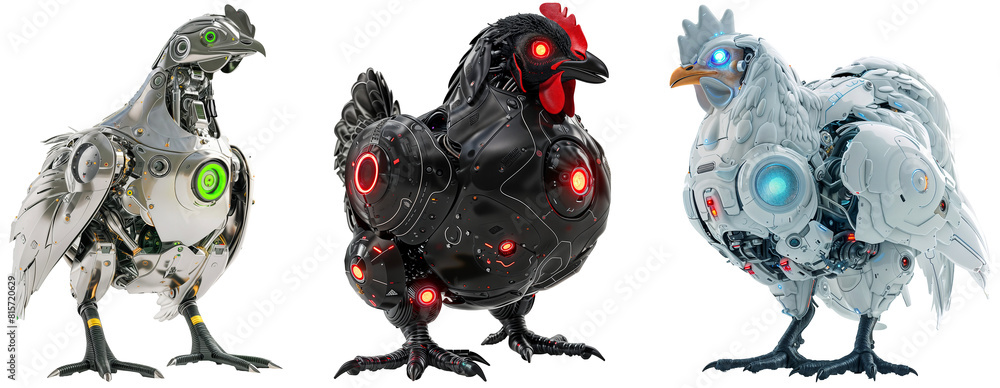 Mechanical robot chicken set, metallic, black and white, with glowing ...