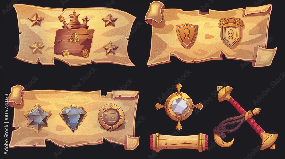 An old parchment shape window with scores stars, a crown and diamond ...