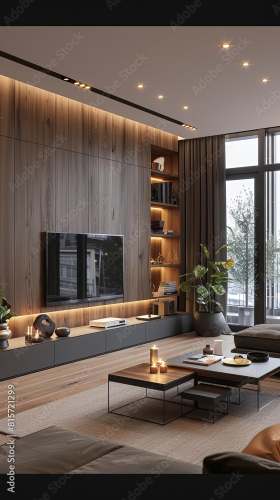 Design a modern living room with wood panel accent wall with integrated ...