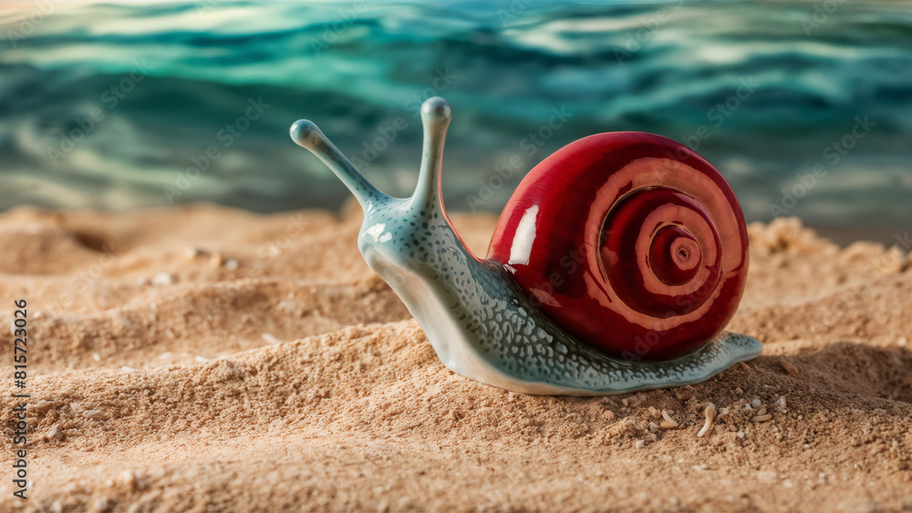 Sculpted ceramic garden snail with a bright red spiral shell placed on ...