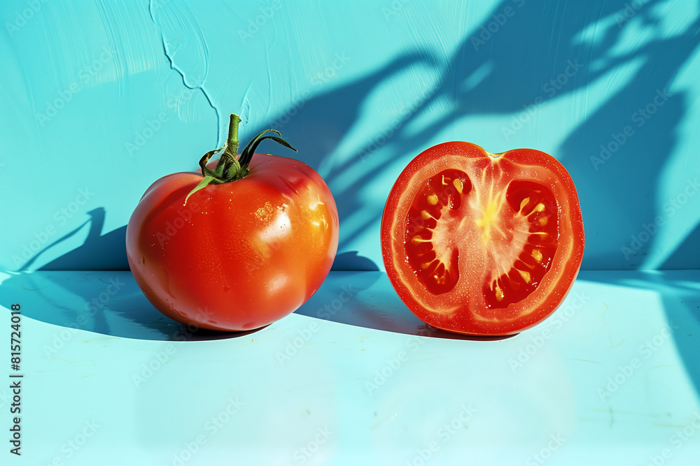 Fresh tomatoes and cross-section on a pastel blue formica table top ...