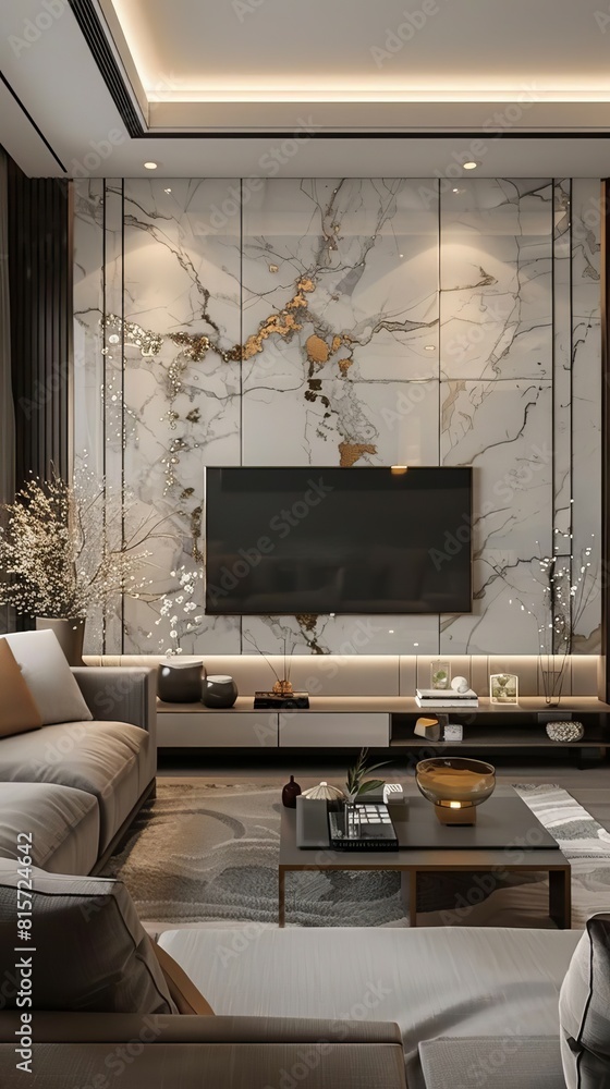 Design a modern living room with marble feature wall with concealed ...