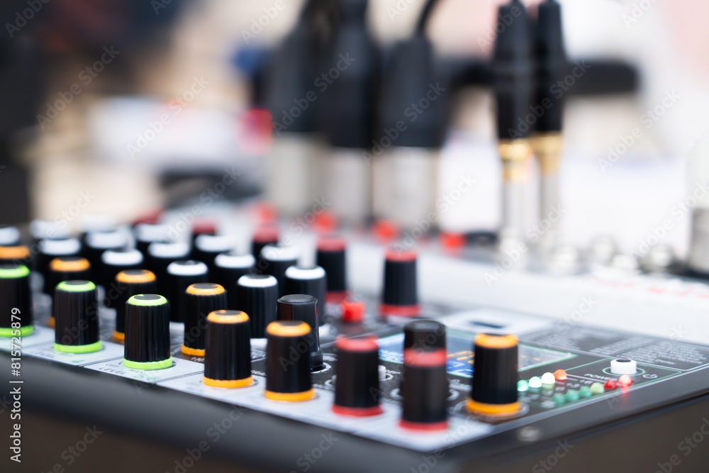 Hi-Fi system console control panel audio equipment Close-up of digital ...