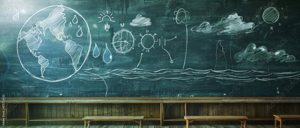A detailed diagram of the water cycle drawn on a chalkboard ...