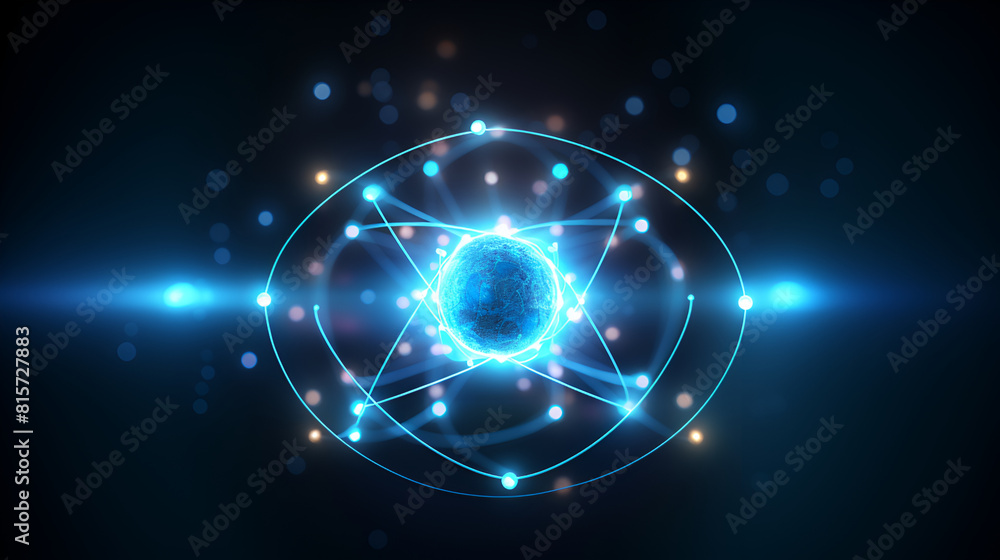 Science thechnology background with a model of an atom and flying ...