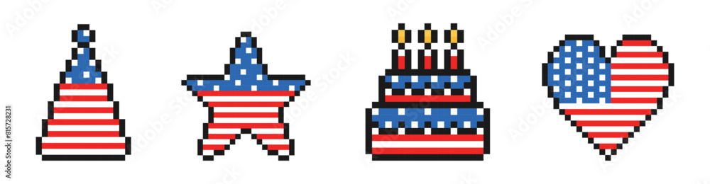 independence day pixel icon set, vintage, 8 bit, 80s, 90s games style ...