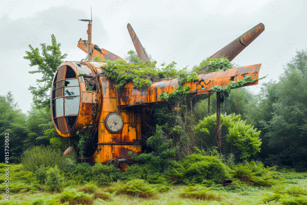 An old, rusty helicopter slowly being reclaimed by lush forest greenery ...