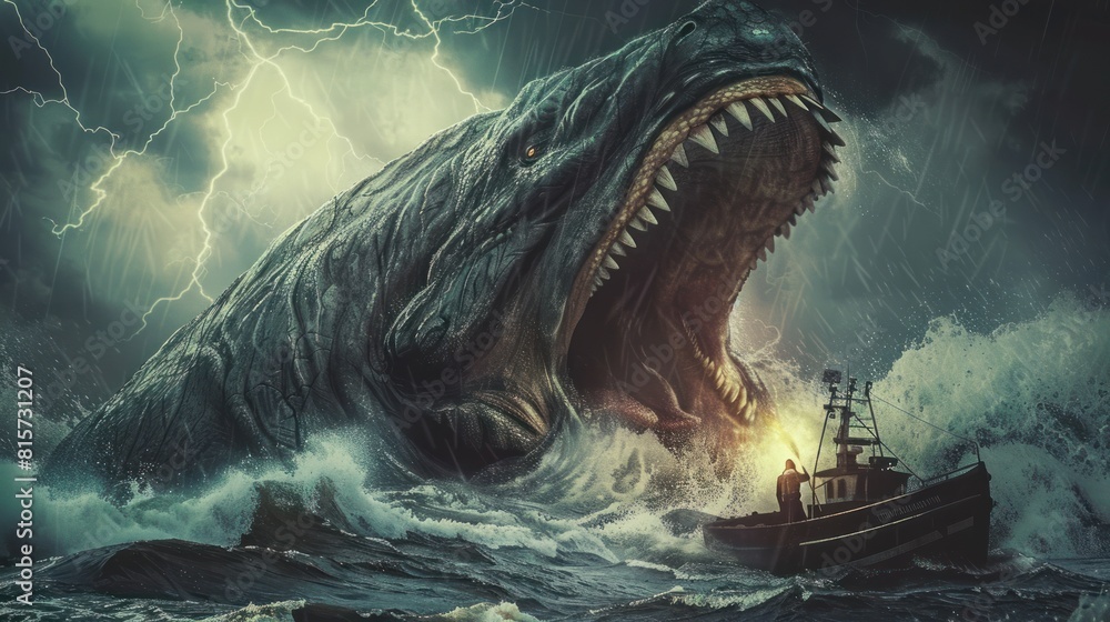 Creepy sea monster wide open mouth going to swallow ship in stormy sea ...
