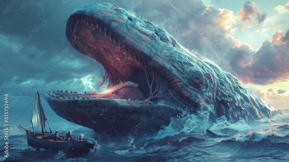 Creepy sea monster wide open mouth going to swallow ship in stormy sea ...