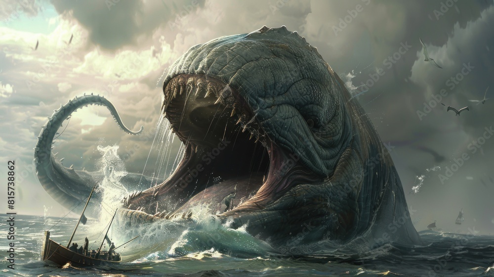 Creepy sea monster wide open mouth going to swallow ship in stormy sea ...