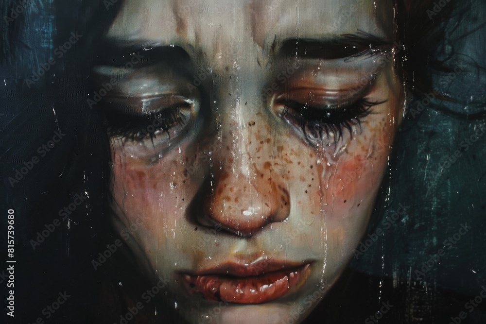 Painting of a woman with tears on her face and eyes. Vertical ...