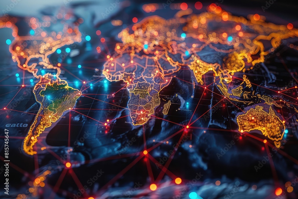 Network cables connecting across a digital map of the world, vivid ...