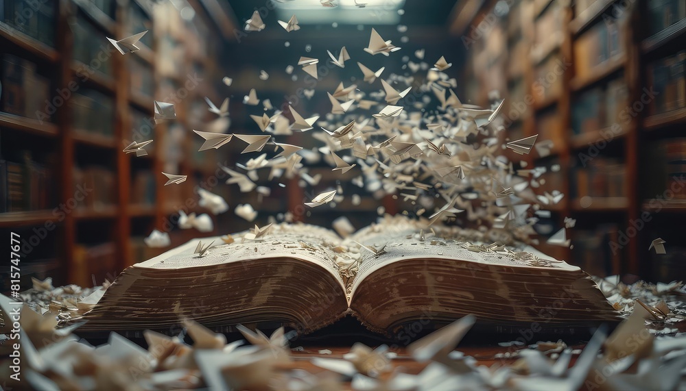 Paper airplanes soaring out of an open book, concept of knowledge ...