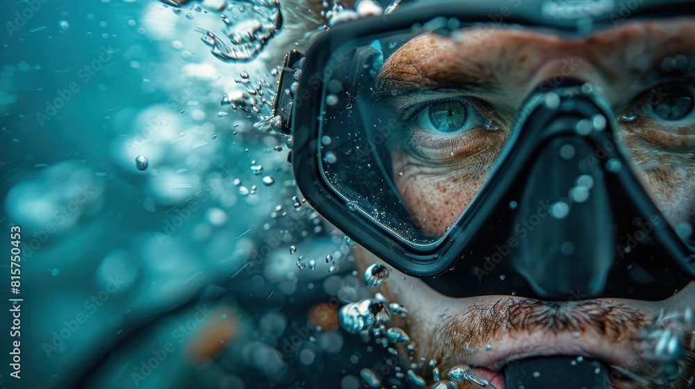 Photo of a diver testing the fit of a dive mask, ensuring a snug seal ...