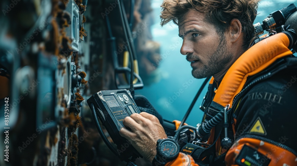 diver inspecting their dive computer, checking vital information like ...