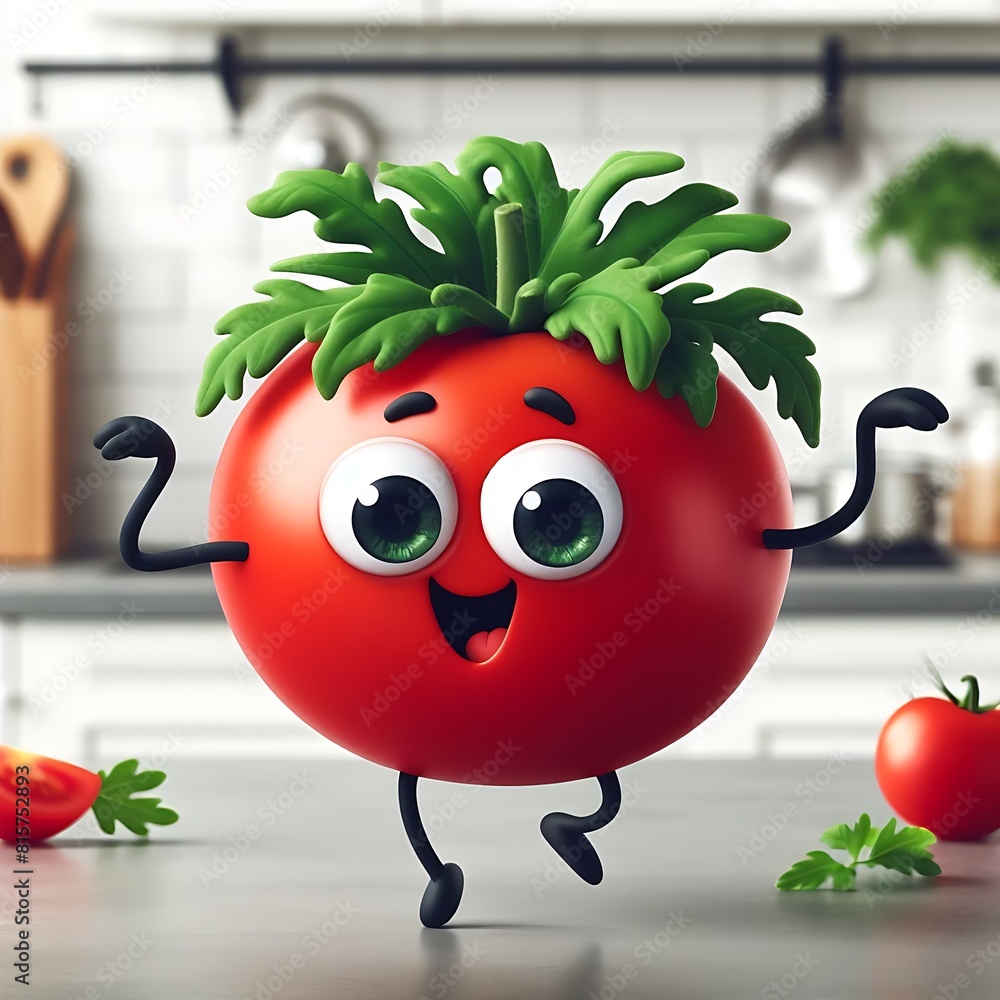 Cartoon tomatoes are dancing on the kitchen table. Sweet smile and kind ...