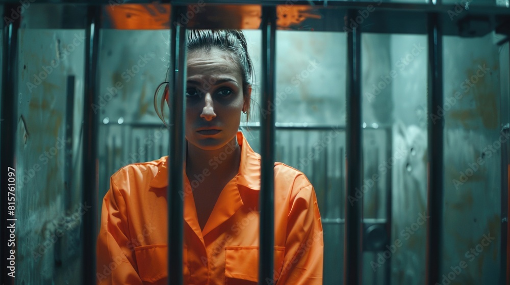 Solitary Confinement Female Prisoner in Orange Uniform Behind Metal ...