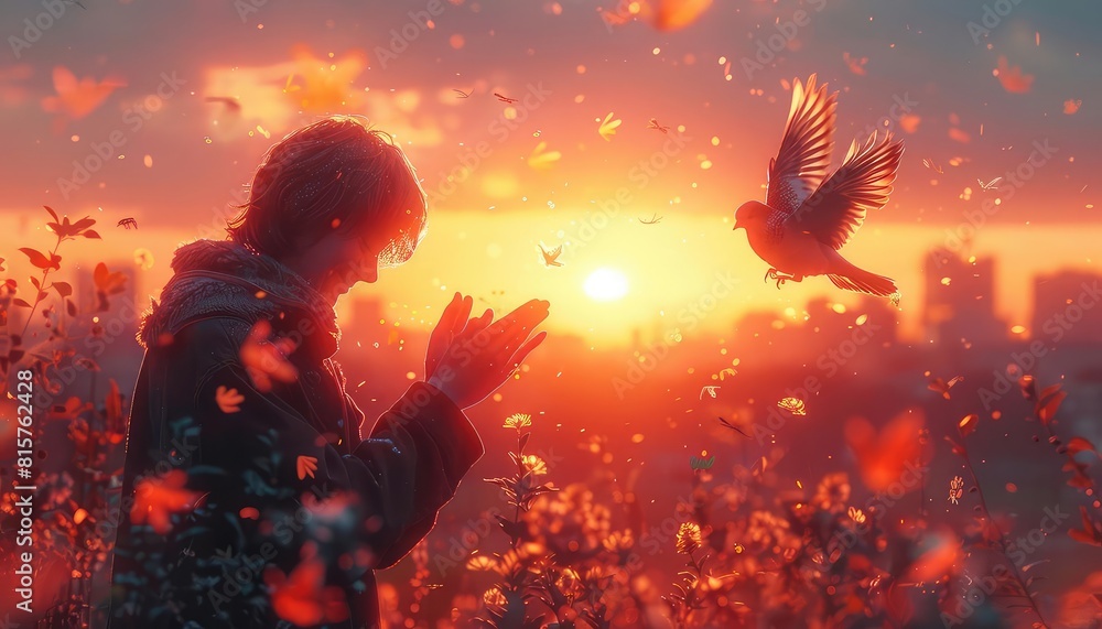 Stylized image of hands clasped in prayer releasing a bird into a ...