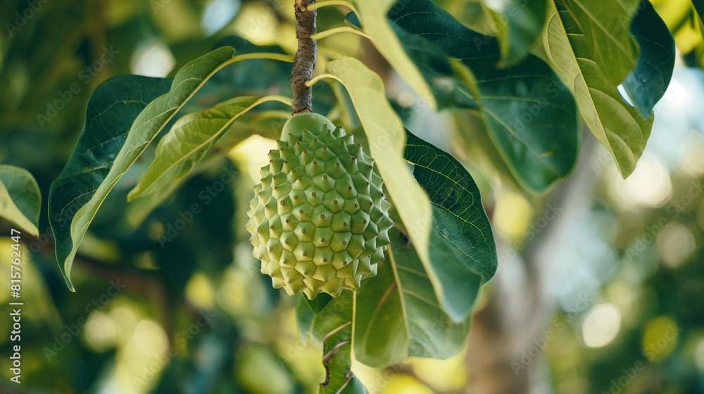 a soursop fruit growing on a tree. The fruit is green and bumpy, and ...