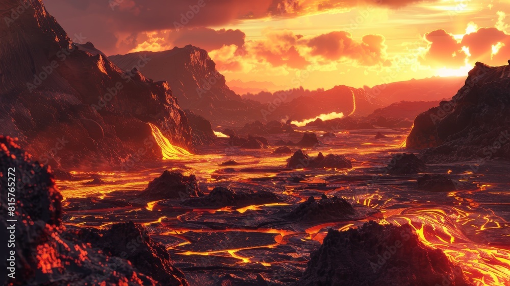 Lava from volcano oozing over rocky terrain, creating a mesmerizing ...
