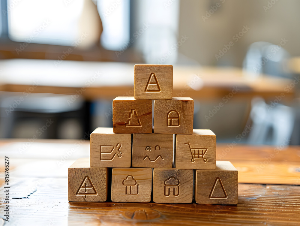 imagen compuesta por cubos de madera formando una pirámide con iconos ...
