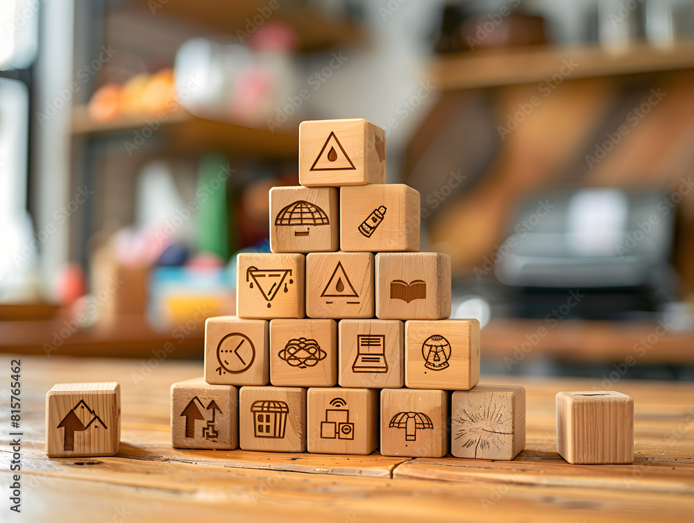 imagen compuesta por cubos de madera formando una pirámide con iconos ...