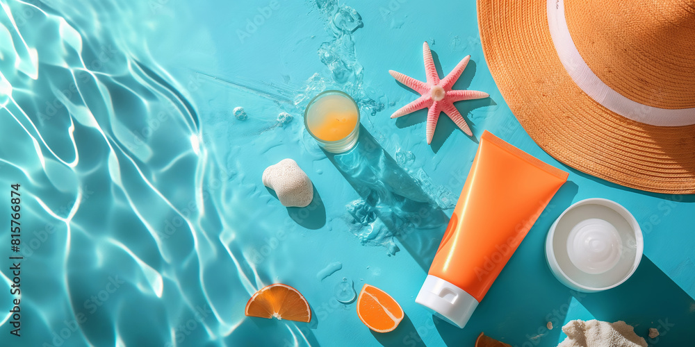 Tube of sunscreen for skin protection, on a tropical and exotic beach ...