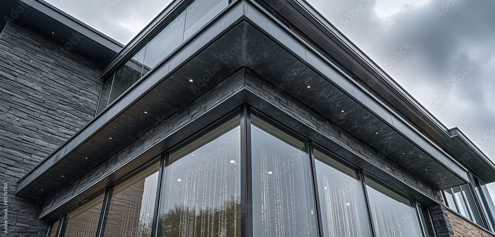 The corner of a contemporary house showing the junction where dark grey ...