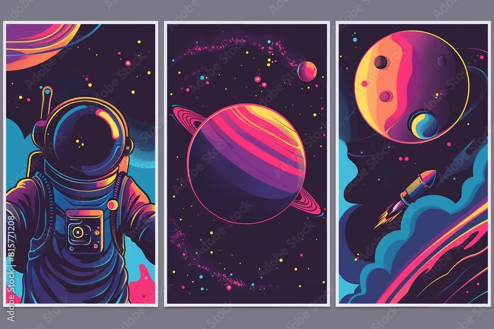 Designs for posters with the and an astronaut floating in space, in a ...