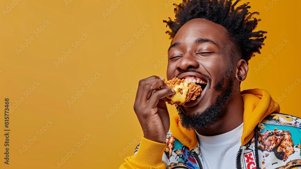 Close-up shot of a happy Black man taking a bite of a crispy chicken ...