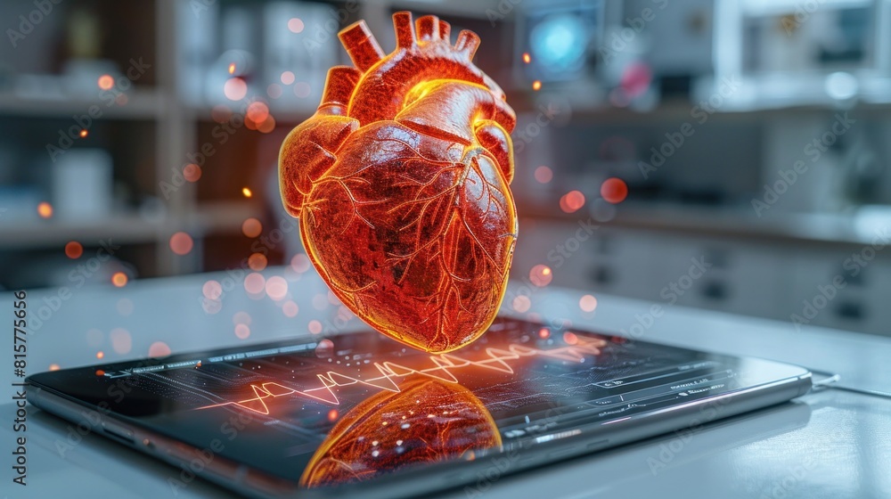 Image of a bright red holographic 3D heart with pulse lines above a ...
