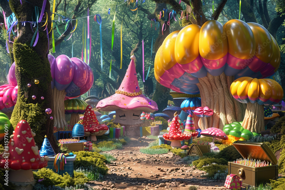 A fantasy-themed birthday party with giant mushroom-shaped balloons ...