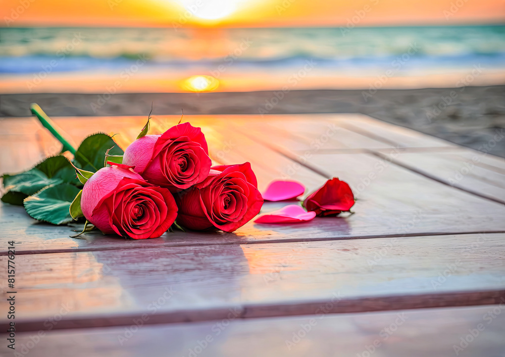 Red rose on the sandy beach. rose arrangement on the seaside, sunny ...