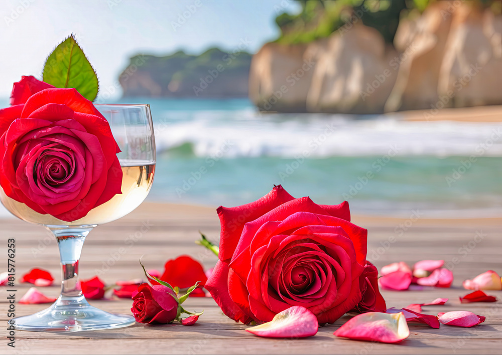 Red rose on the sandy beach. rose arrangement on the seaside, sunny ...