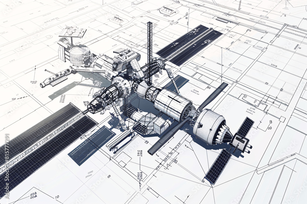 Complex space station design depicted in a 3D blueprint format Stock ...