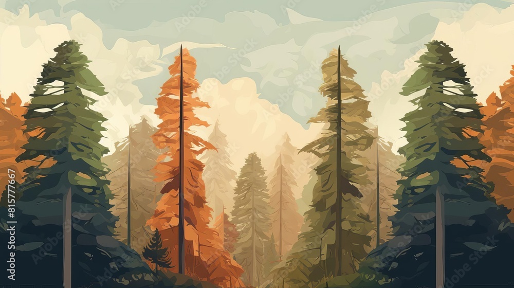 Redwood trees flat design top view ancient giants theme water color ...